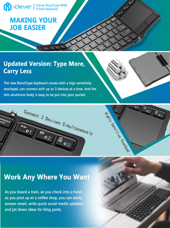 Iclever Bk08 Portable Tri Folding Bluetooth Keyboard With Touchpad คีย์บอร์ดไร้สาย พับได้ Caseduck